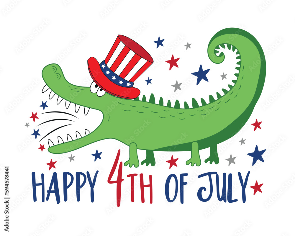 Happy 4th of July - Funny cartoon alligator in uncle sam hat. Happy ...