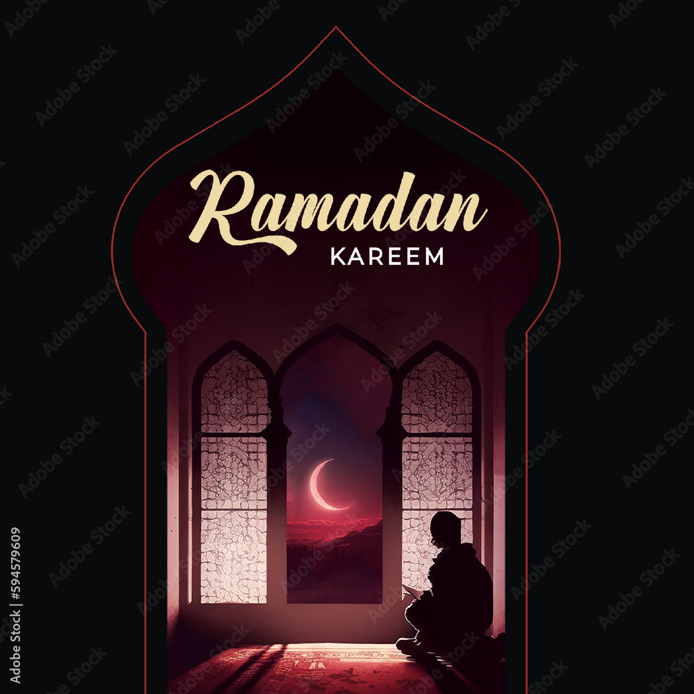 Ramadan Poster a man praying in front of a window with photo of ...