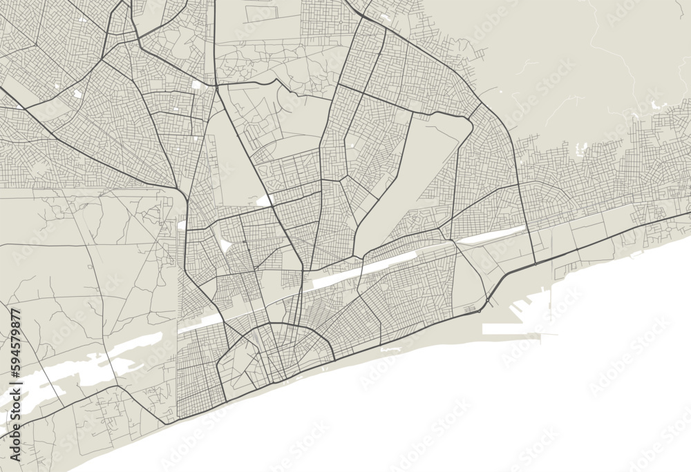 Detailed map of Lome city, capital of Togo. Municipal administrative ...