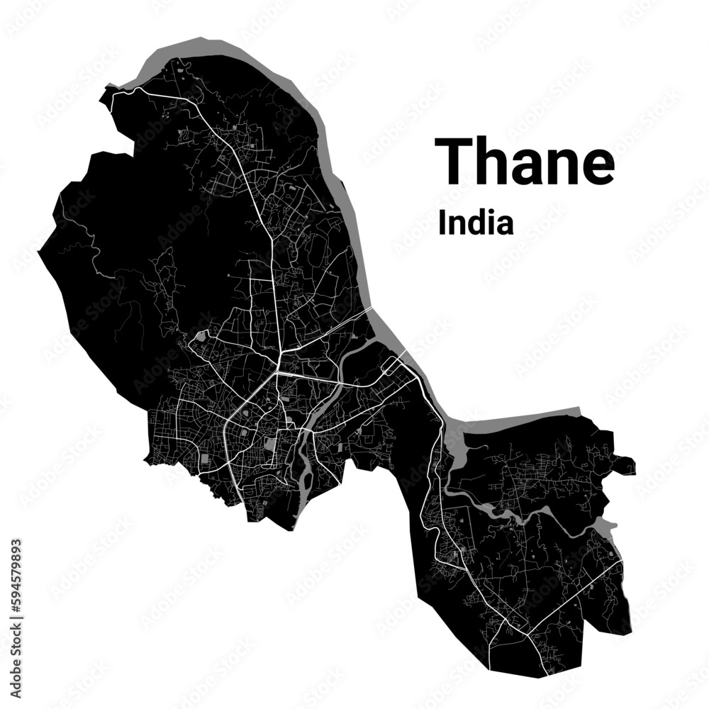 Thane map. Detailed black map of Thane city poster with roads. Cityscape urban vector. Black ...