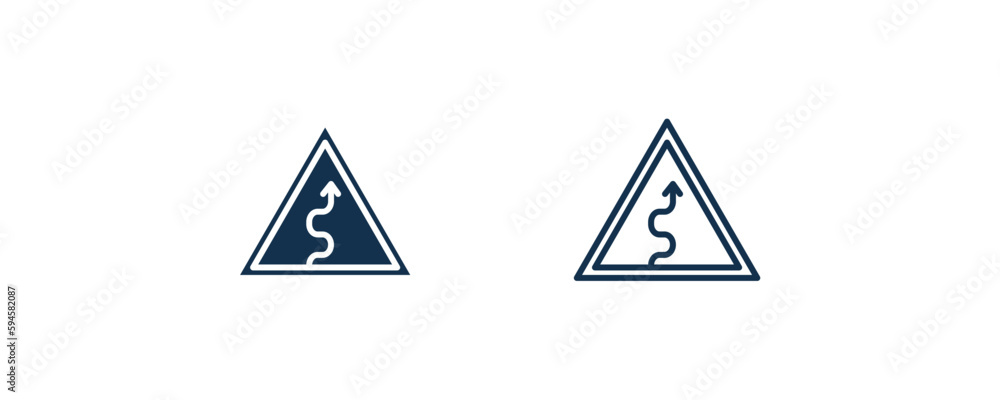 curvy road warning sign icon. Outline and filled curvy road warning ...