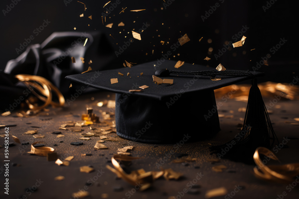 graduation cap hat with exploding falling glitter confetti. dark black ...