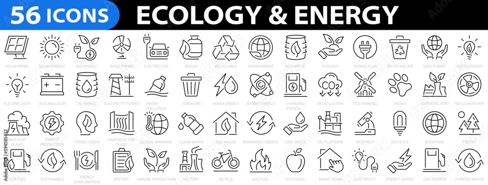 Ecology & Energy 56 icon set. Set of energy thin line icons ...