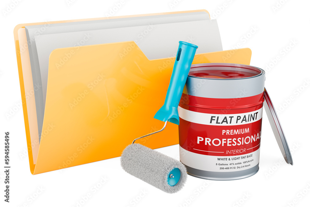 Yellow computer folder icon with paint can and roller brush, 3D ...