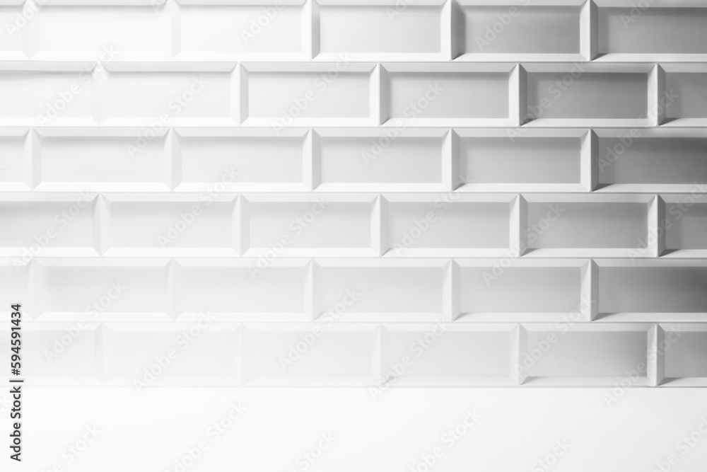 Elegant Modern White Abstract Stage With White Glossy Ceramic Rectangle Tile Wall With Grey