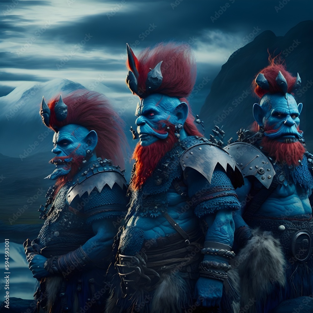 3 blue trolls with red hair in fur armour among mountains fantasy ...