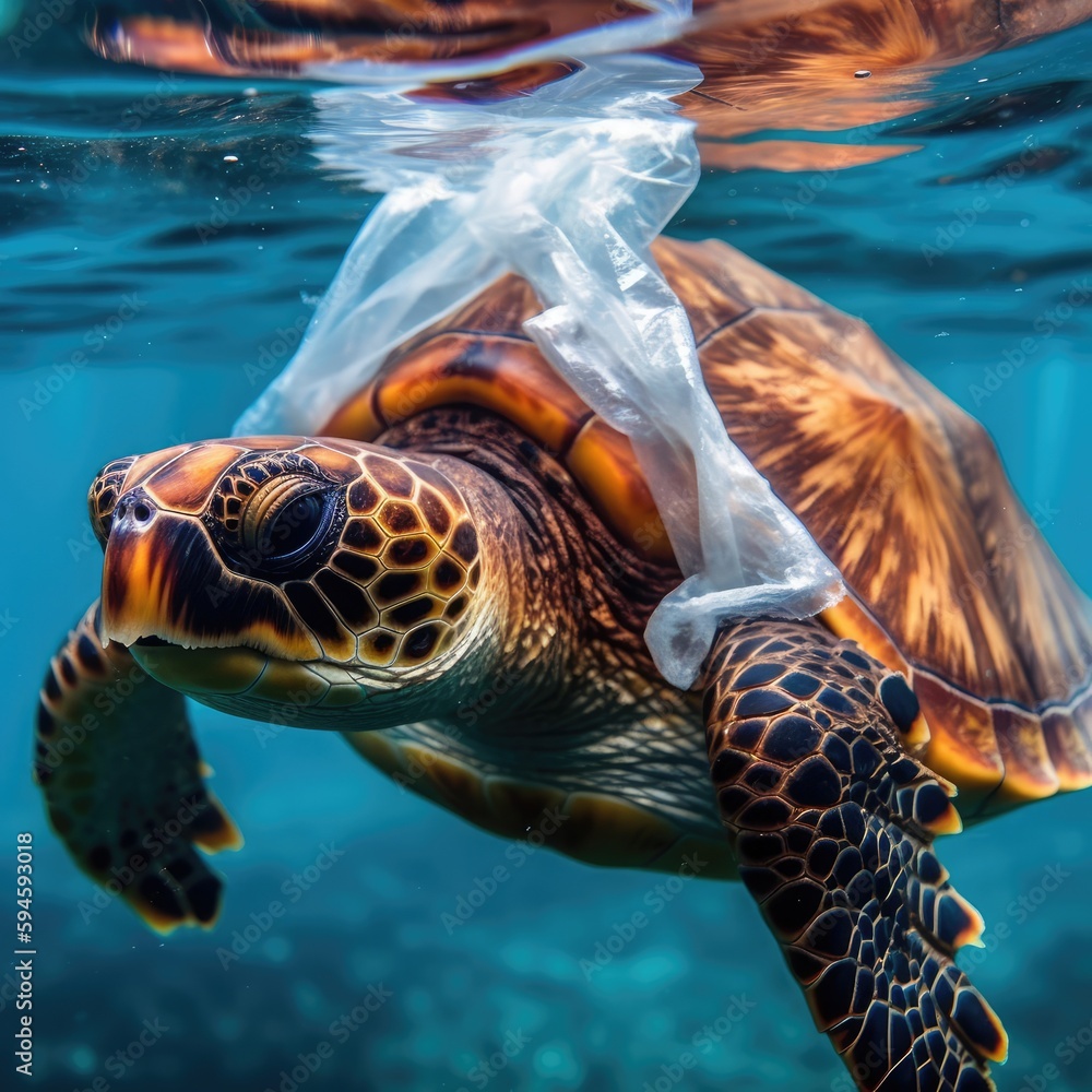 Cute sea turtle wrapped in plastic bag underwater. Pollution ...