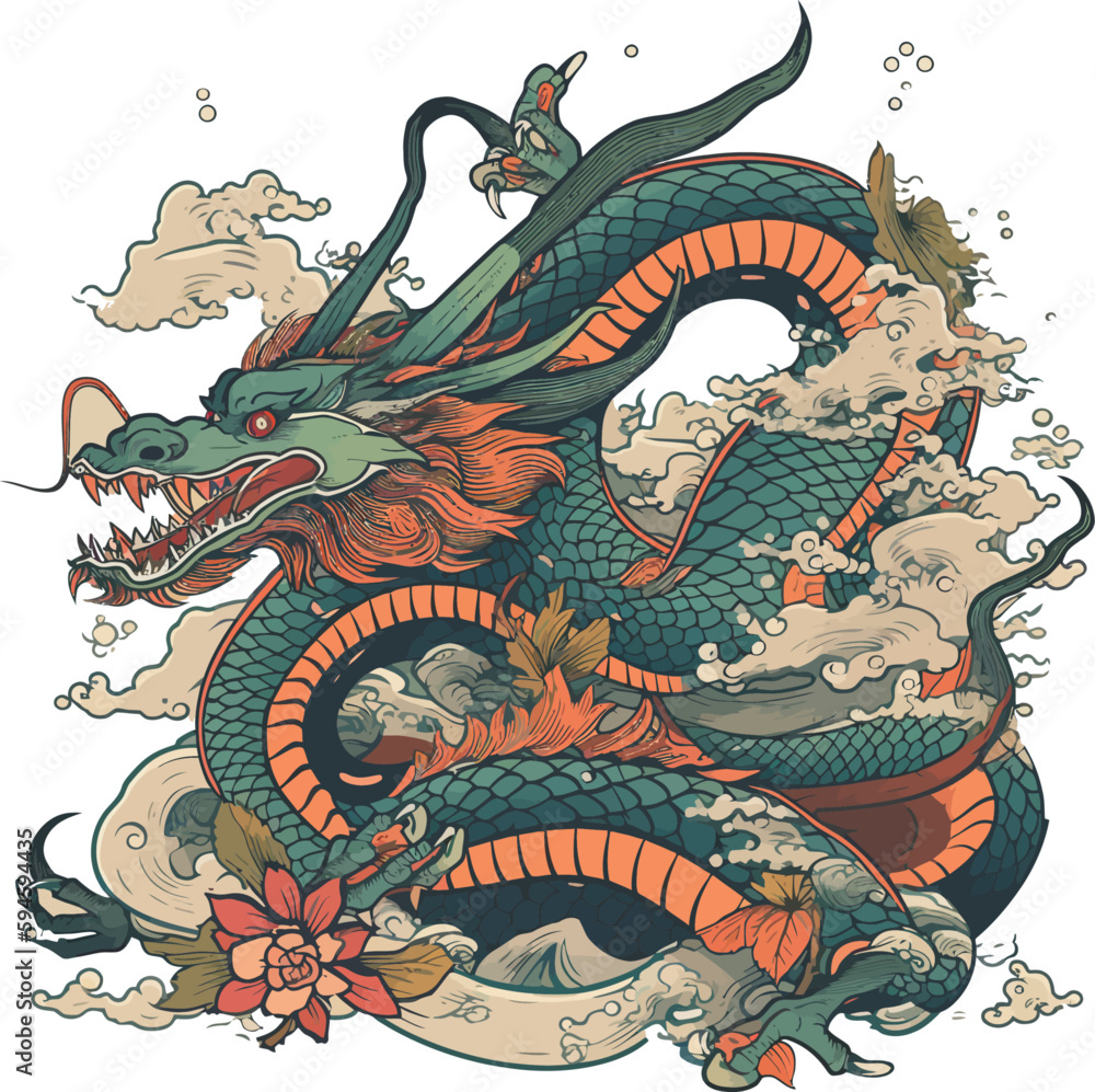 Chinese Dragon tattoo design 2d illustration. Traditional mystical ...