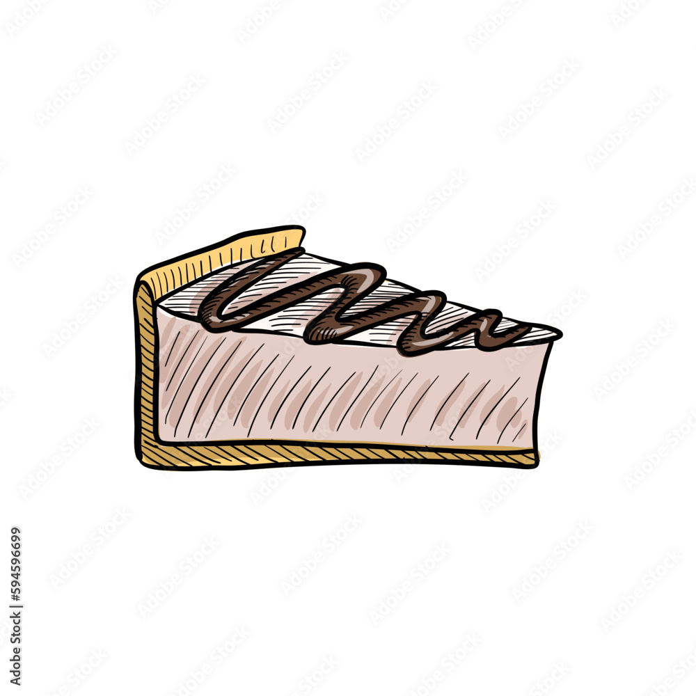 vector drawing sketch of piece of cheesecake with chocolate, hand drawn ...