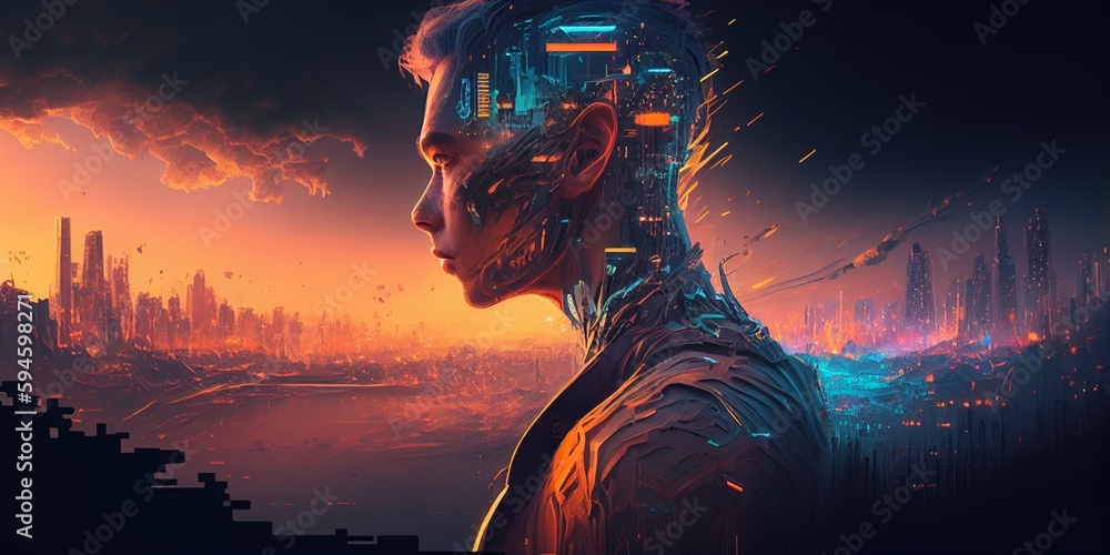 Portrait of a man with face with double exposure effect, creativity of ...