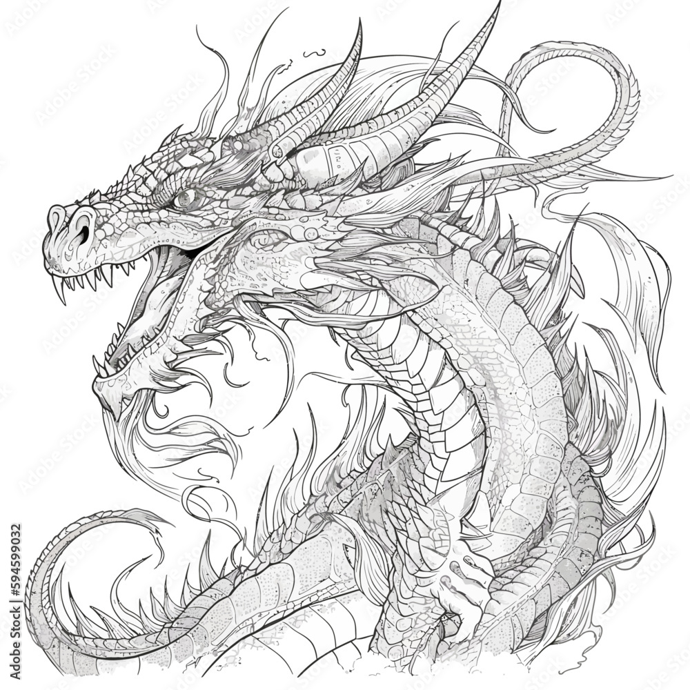 Chinese Dragon black and white drawing design 2d illustration ...