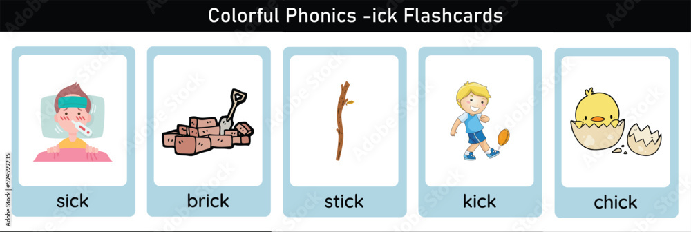 Colorful Phonics -ick Flashcards, kids learning flashcards ...