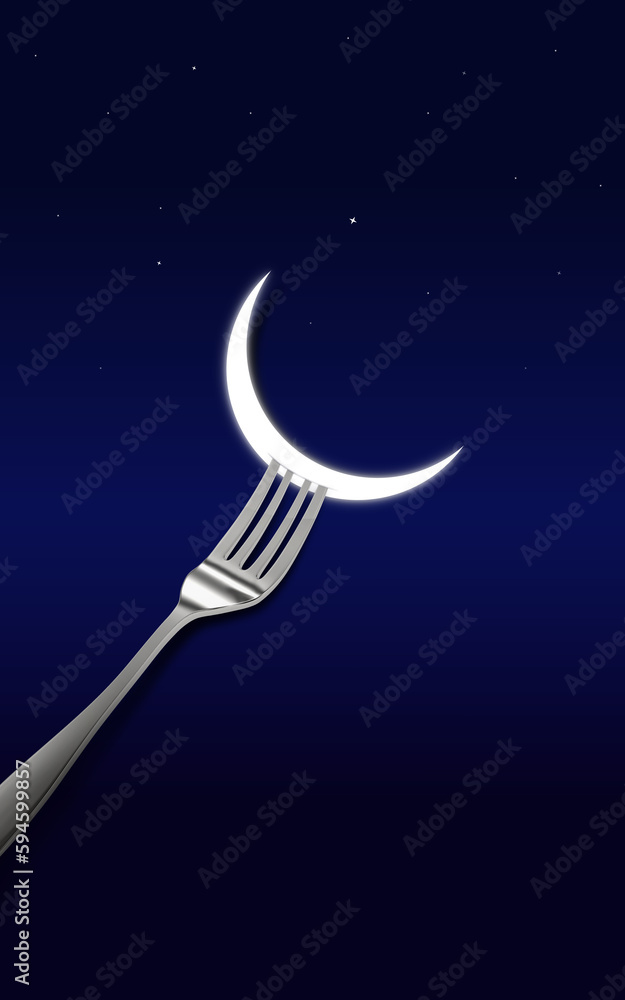 The half moon on a spoon. Islamic Festival concept. the moon in the ...