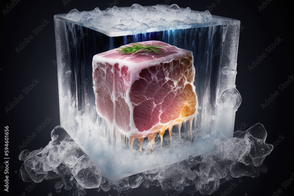 A unique and eye-catching image showcasing raw meat preserved under a ...