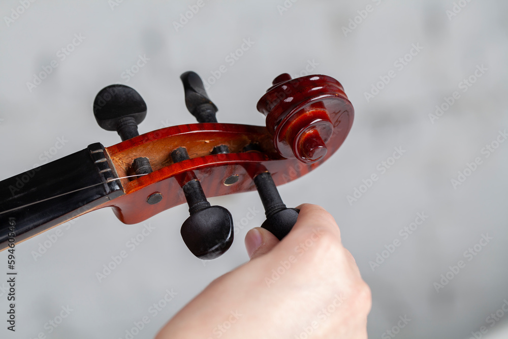 Violin on studio background. String stretching process. Stock Photo ...