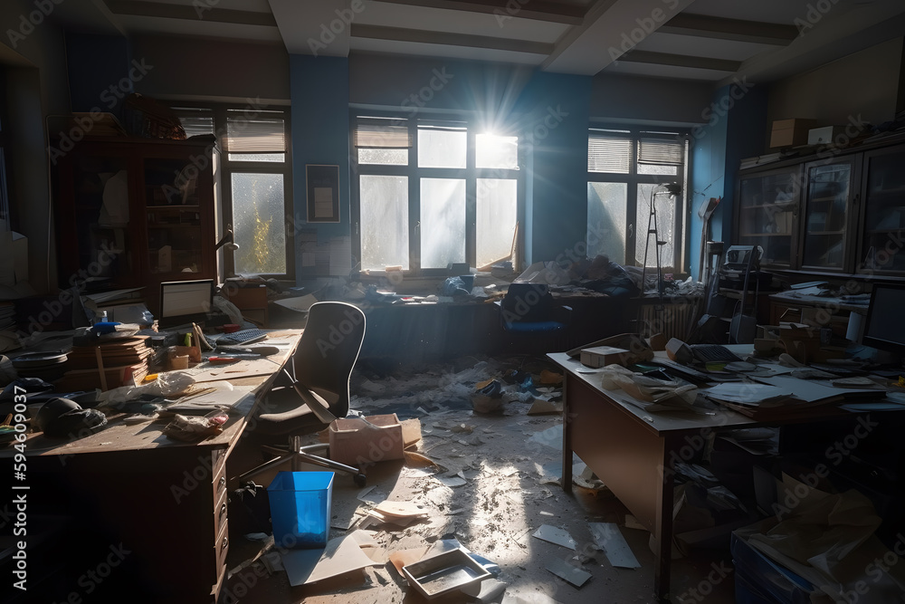 Messy abandoned office after company shut down: the desk is cluttered ...