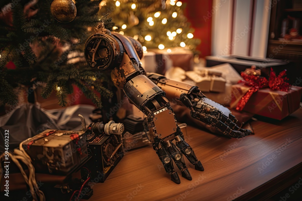 robotic arm wrapping presents and placing them under the tree, created ...