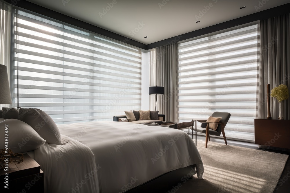 luxury hotel room with automated blinds, shades, and drapes providing ...