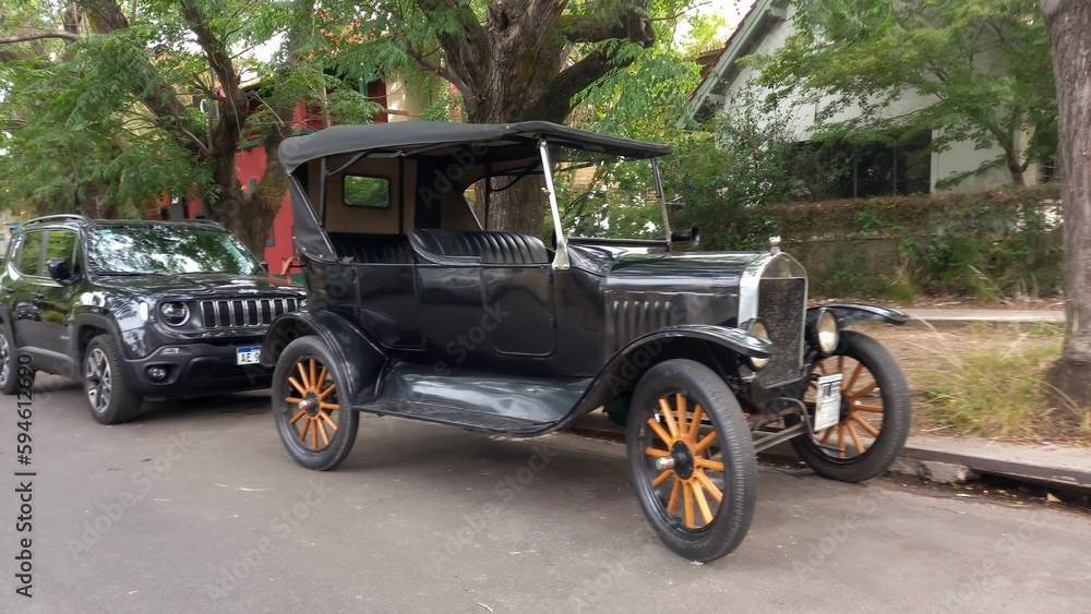 Vintage car black 1920s Ford Model T double phaeton parked in the ...
