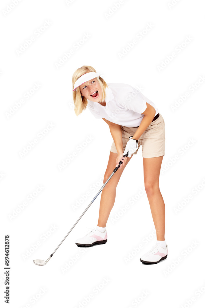 Sports, shouting and angry woman with a golf club for exercise isolated ...