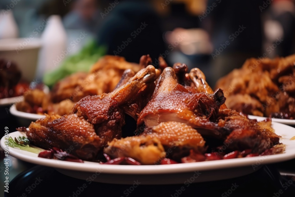close-up of fried duck, with its crispy skin and juicy meat on full ...
