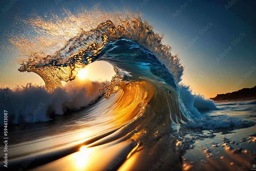 blue wave, breaking on a golden shore, with sun shining in the ...