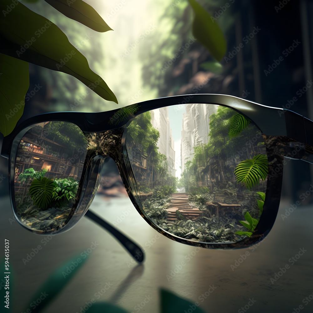 Augmented Reality inside glasses rainforest overlay in city scene ...