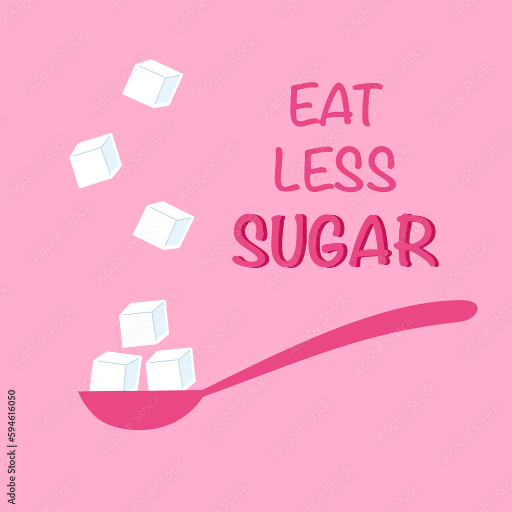 Eat less sugar concept vector illustration. Sugar on spoon in flat ...