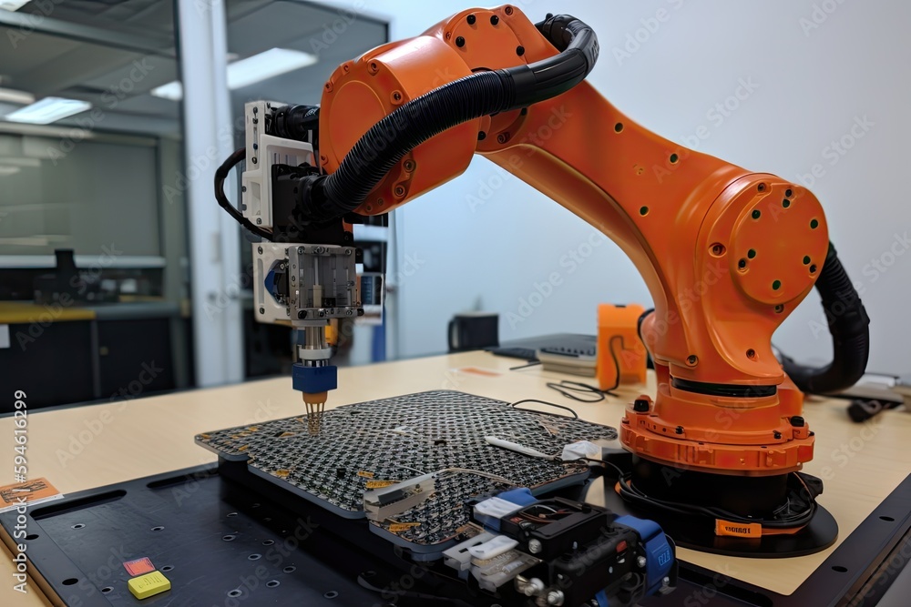 robot arm manipulates tool to repair or modify mechanical device ...