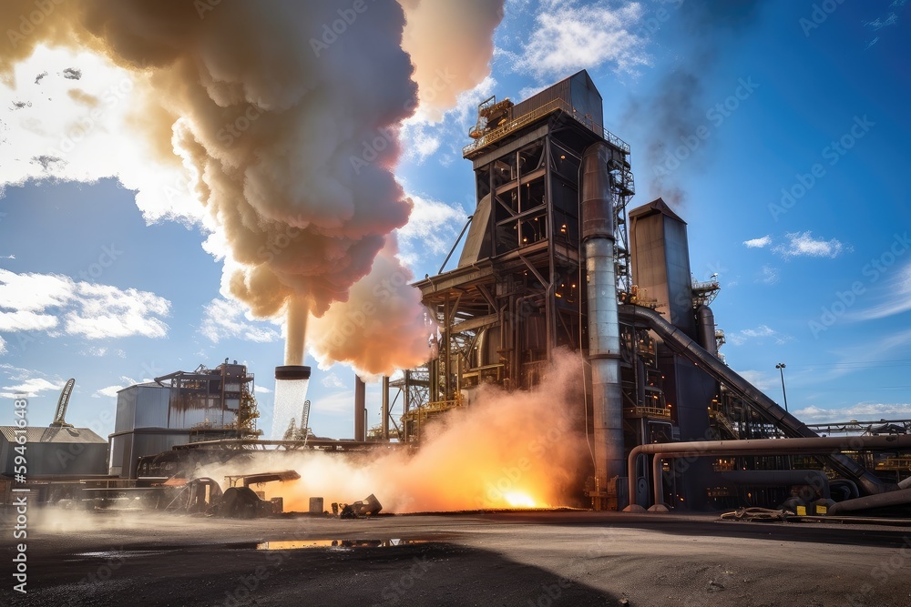 aluminium smelter, with towering smoke stacks and molten metal being ...
