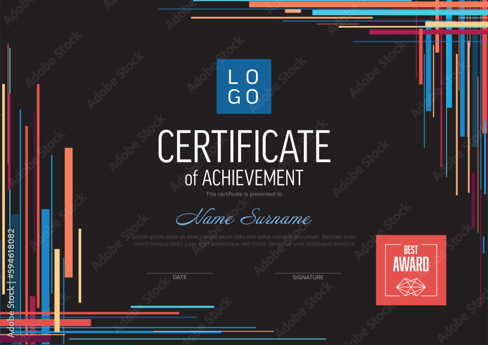 Modern black certificate template with blue red squares and lines Stock ...