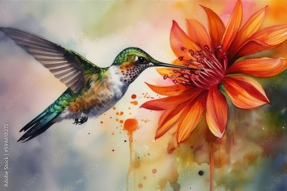 Highlight the vibrant hues of a hummingbird's feathers and a flower's ...