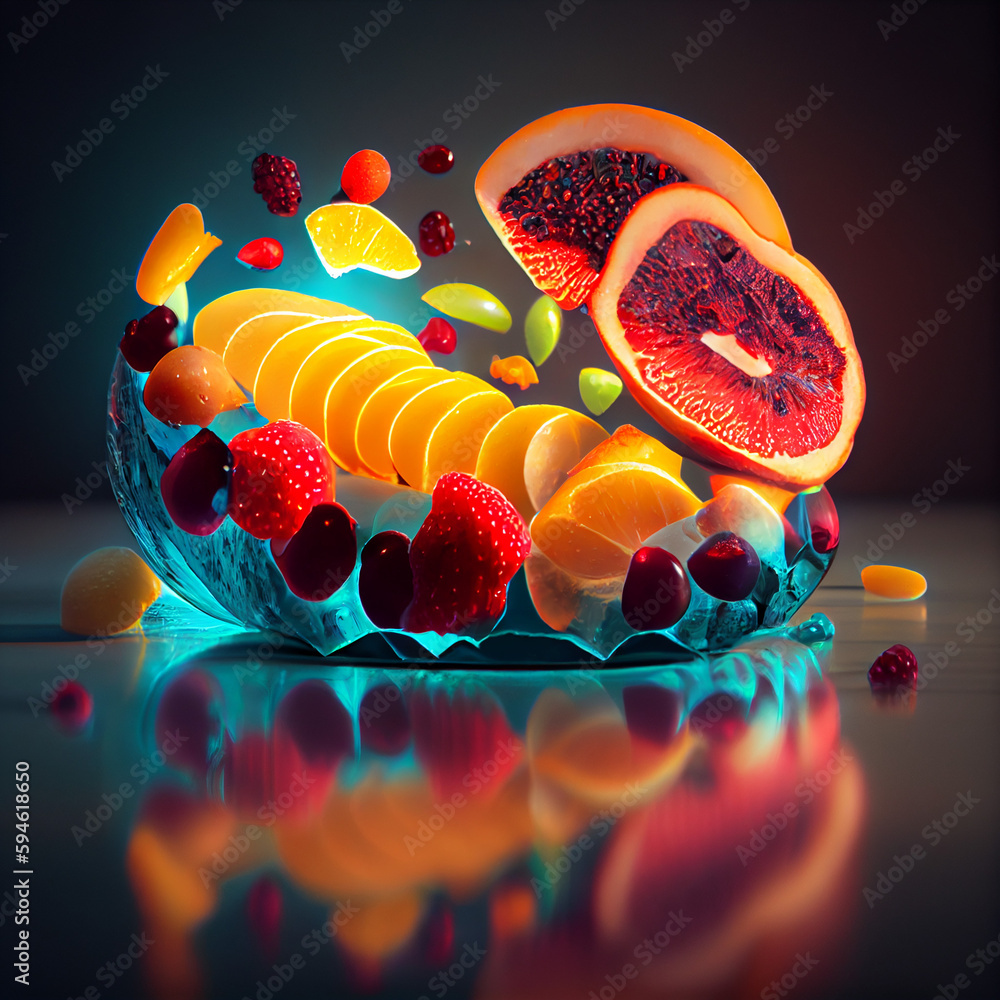 Tropical summer fruits ads concept an array of fruit in the form of a ...