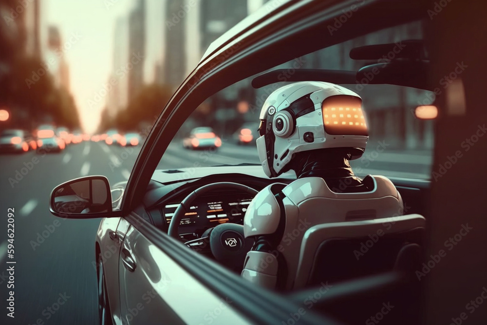 Robot driver drives a car. Illustration created with Generative AI ...