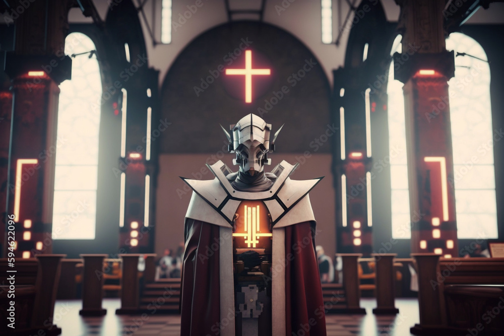 Robot priest in the church of the future. Illustration created with ...