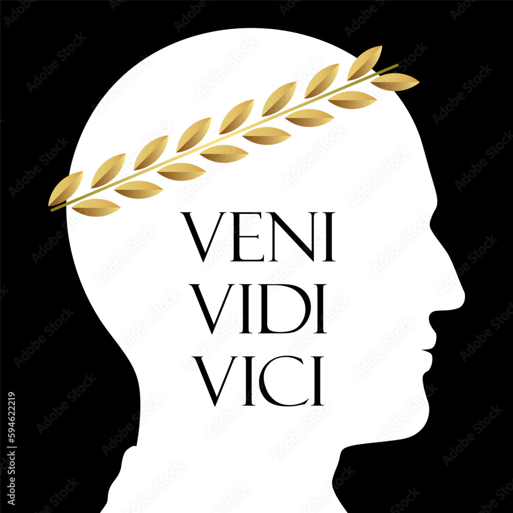 Vector silhouette portrait of Caesar with golden laurel crown, and Veni ...