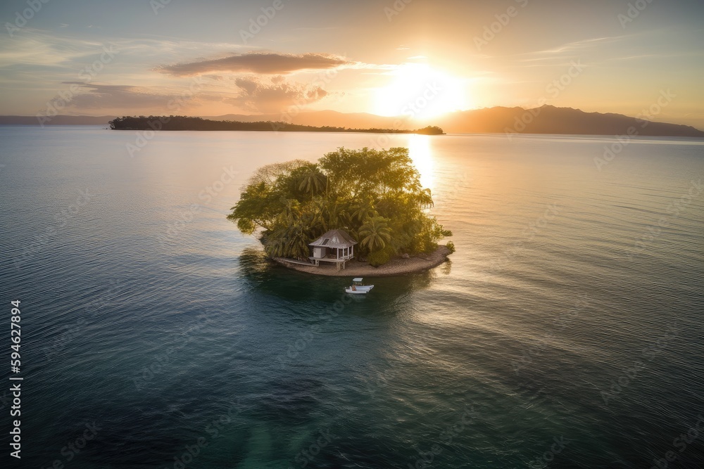 floating island surrounded by undulating waves and tropical sunsets ...