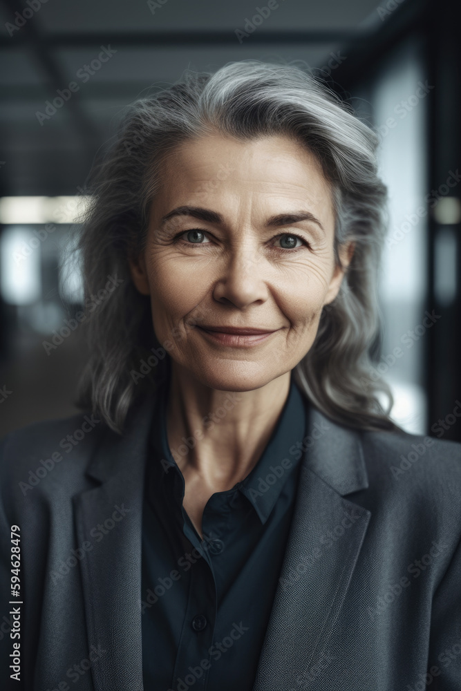 Portrait of confident senior executive woman in suit posing smiling in ...