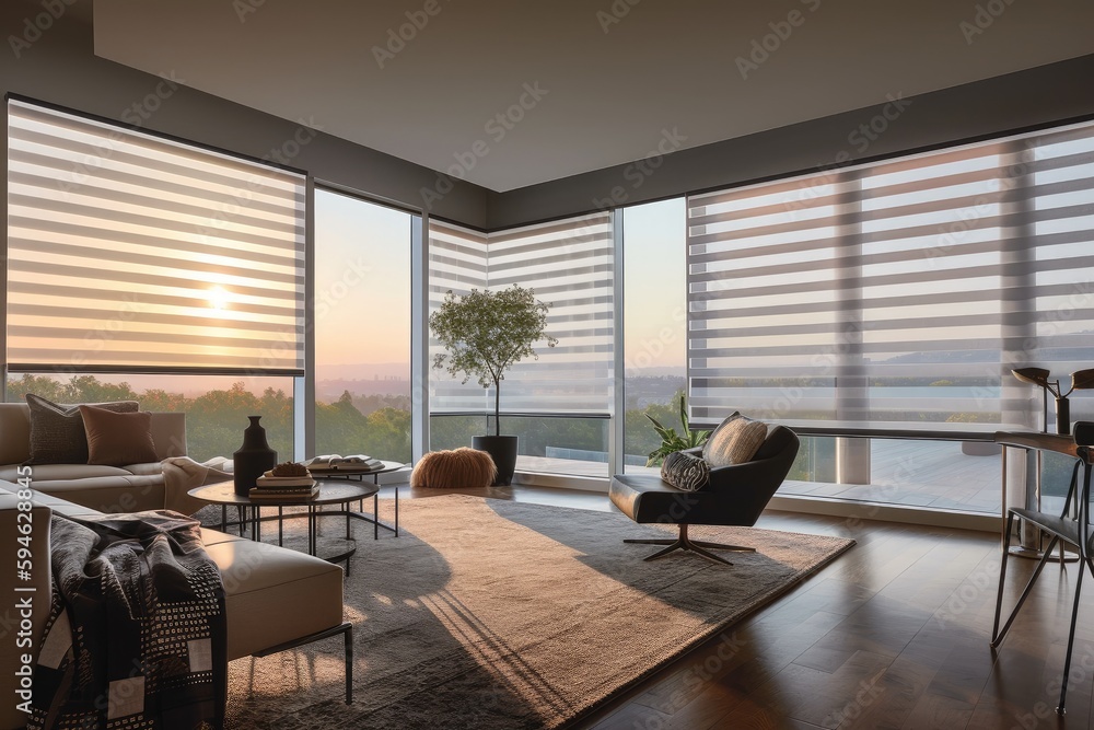 a view of a sunset with automated blinds and window treatments in the ...