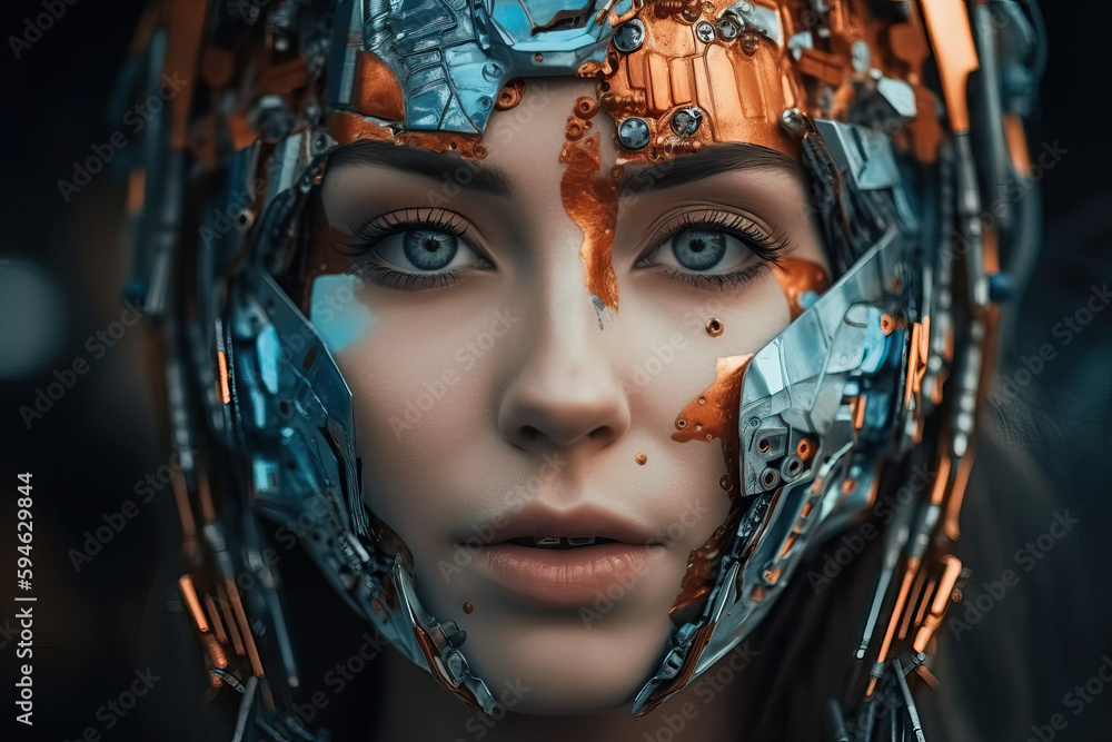 The Fusion of Human and Machine: Woman face with Visible Gears ...