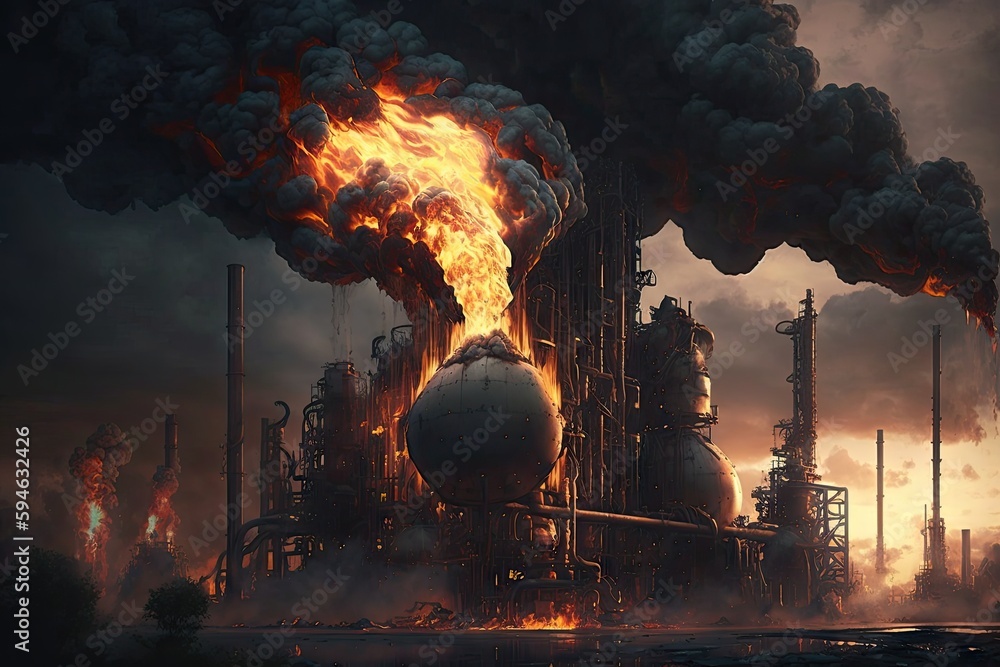 refinery, with smoke and flames billowing from the burning of waste ...