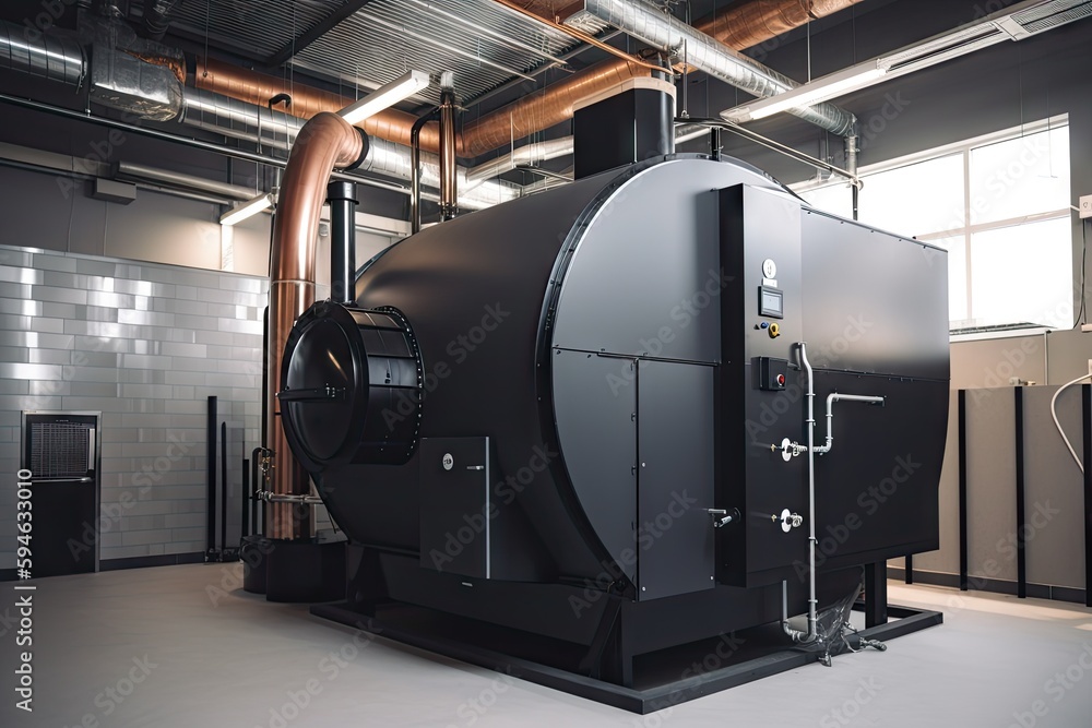 biomass boiler heating a modern office with sleek design and minimalist ...