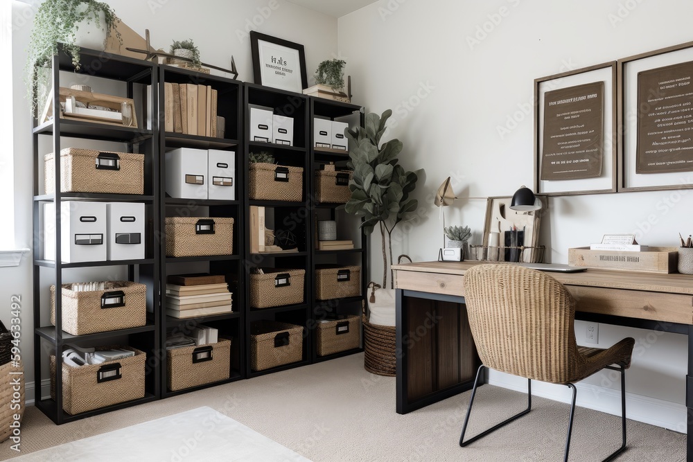 clutter-free and organized office space with plenty of storage ...
