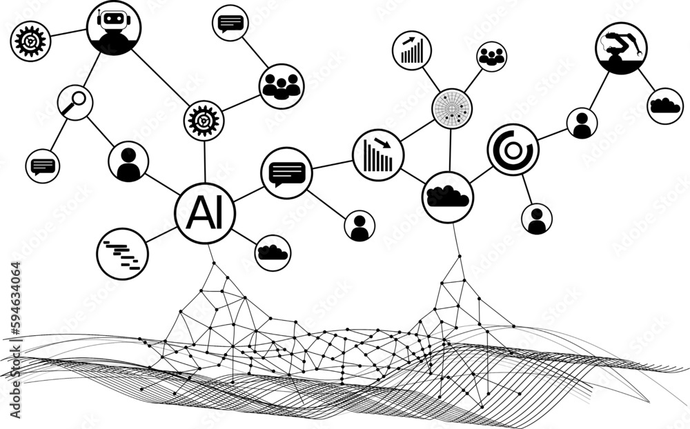 AI in der Gesellschaft und Industrie - Grafik mit vernetzten Symbolen ...