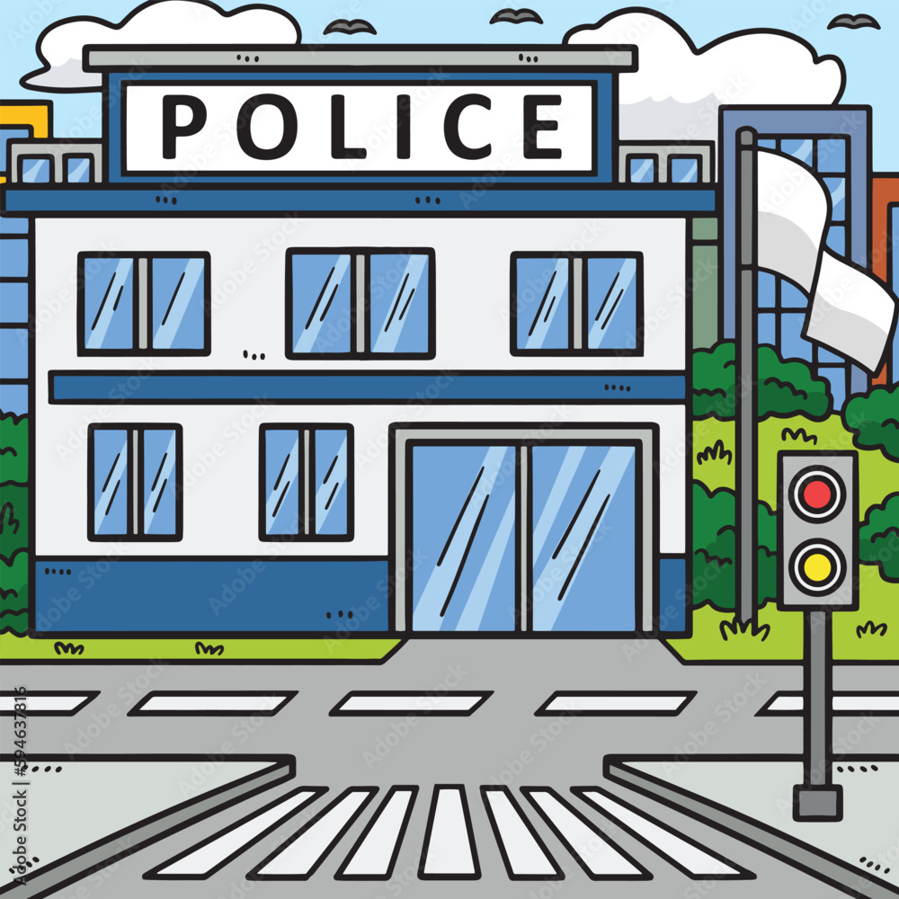 Police Station Colored Cartoon Illustration Stock Vector | Adobe Stock