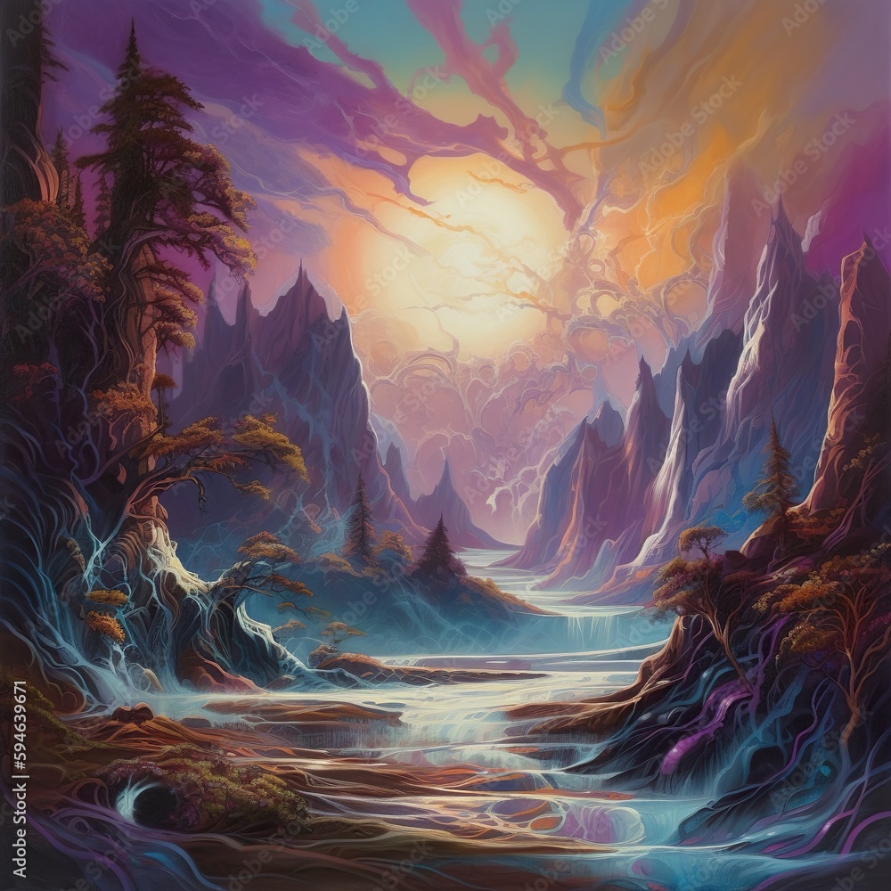 An imaginative acrylic painting presenting a fantastical landscape ...
