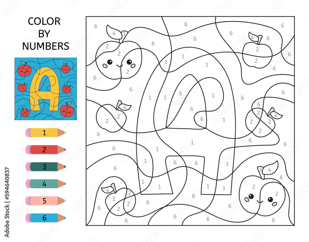 Color by numbers. Learn ABC. Letter A and apples. Kawaii cartoon food ...