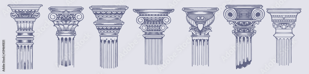 Ancient Greek Columns - Vintage Sketch Illustrations Set for Retro ...