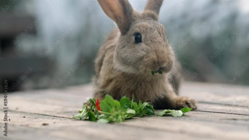Rabbit chewing green leaves salad with its teeth and moving its nose ...