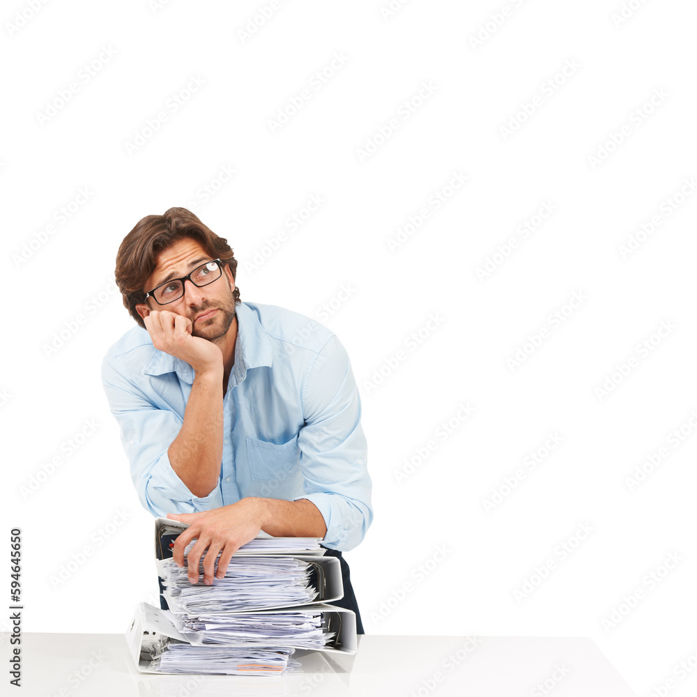 Thinking, accountant and man with stack of folders isolated a on ...